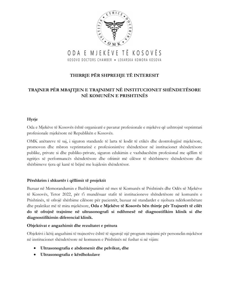 Thirrje për shprehje të interesit për Trajner për mbajtjen e trajnimit ...