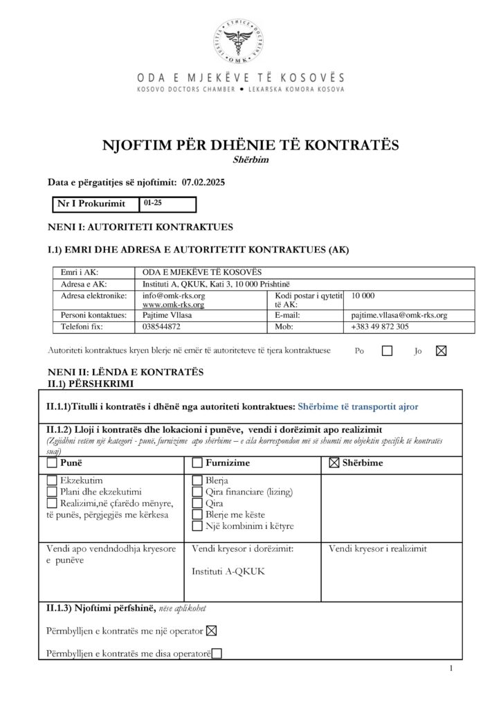 NJOFTIM PËR DHËNIE TË KONTRATËS - Oda e Mjekëve te Kosovës
