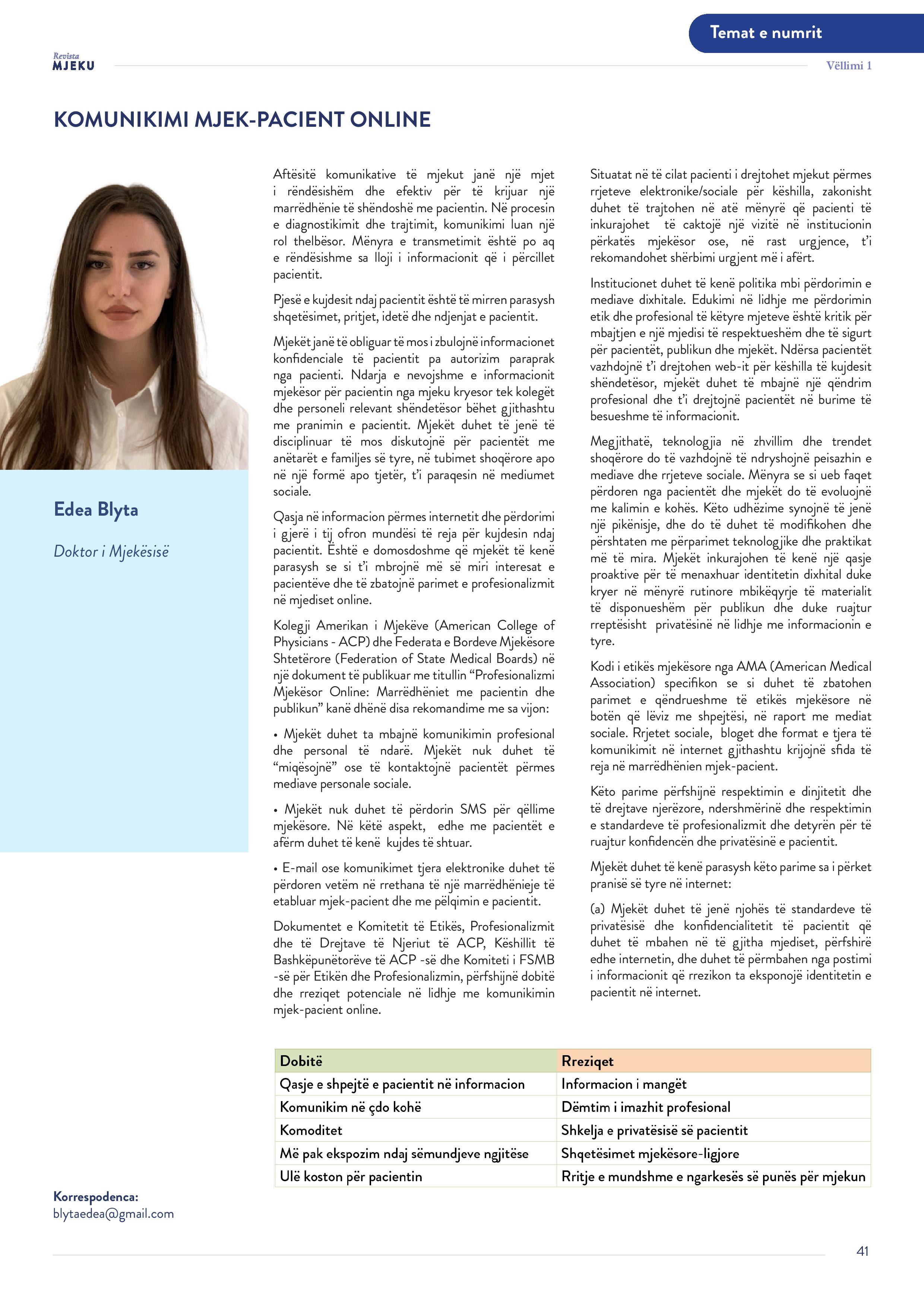 KOMUNIKIMI MJEK - PACIENT, Dr. Edea Blyta - Oda e Mjekëve te Kosovës