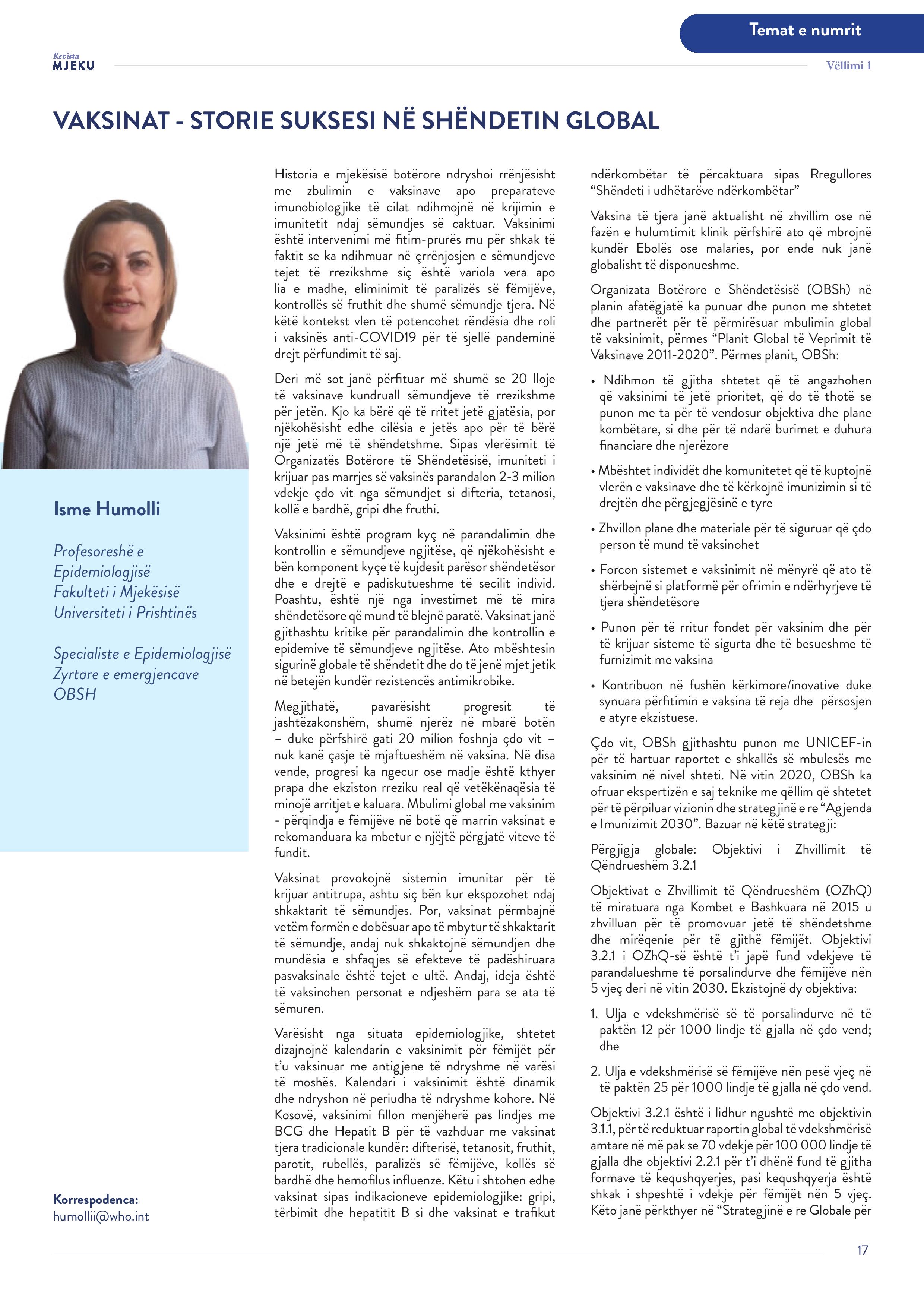 Prof. Asos. Dr. Isme Humolli, VAKSINAT- STORIE SUKSESI NË SHËNDETIN ...