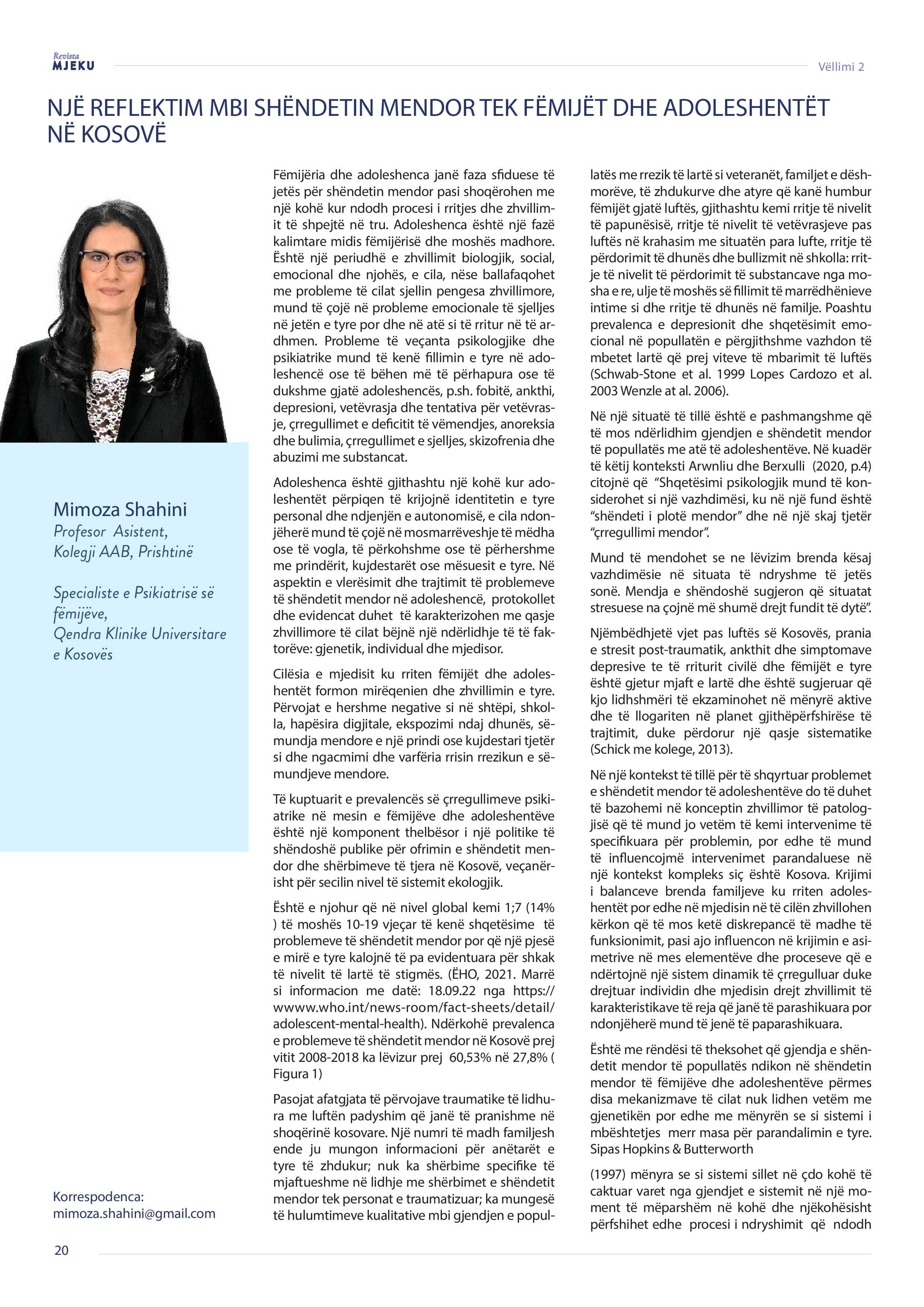 Prof. Ass. Dr. Mimoza Shahini – NJË REFLEKTIM MBI SHËNDETIN MENDOR TEK ...