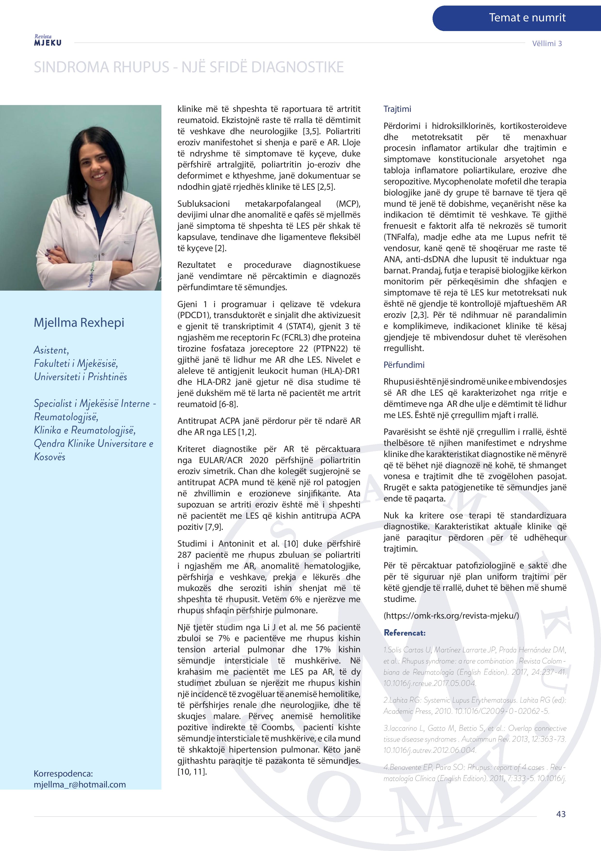 Blerta Rexhepi – Kelmendi dhe Mjellma Rexhepi, SINDROMA RHUPUS – NJË ...